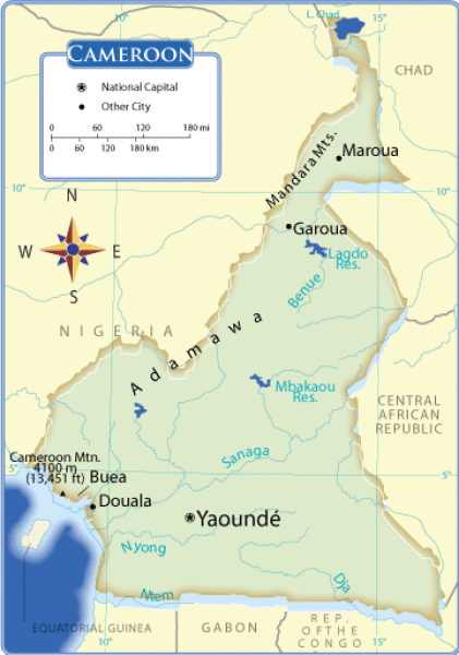 Cameroon map. Terrain, area and outline maps of Cameroon ...